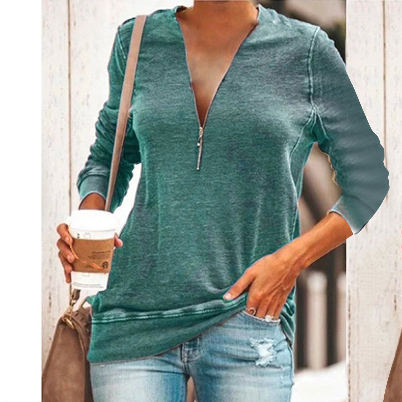 V Neck Zipper Tops for Women Women Fashion Casual Solid Long Sleeve ...