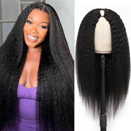 V Part Human Hair Kinky Straight Wig - 180% Density , U Part, Full Clip ...