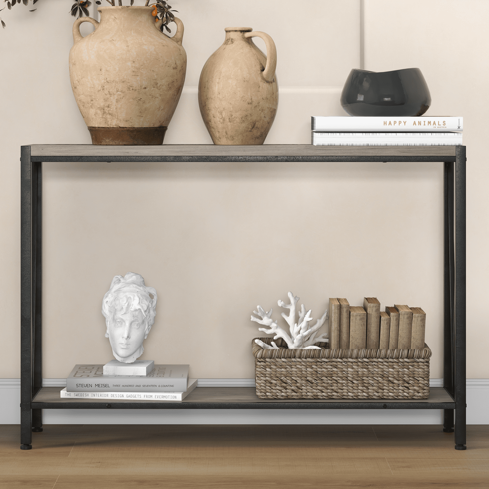 V-Shaped Design Narrow Console Table with 2 Storage Shelves, Stylish ...