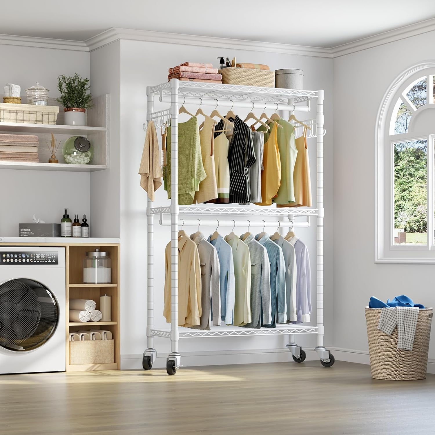 V12 Medium Heavy Duty Rolling Garment Rack 3 Tiers Adjustable Clothes ...