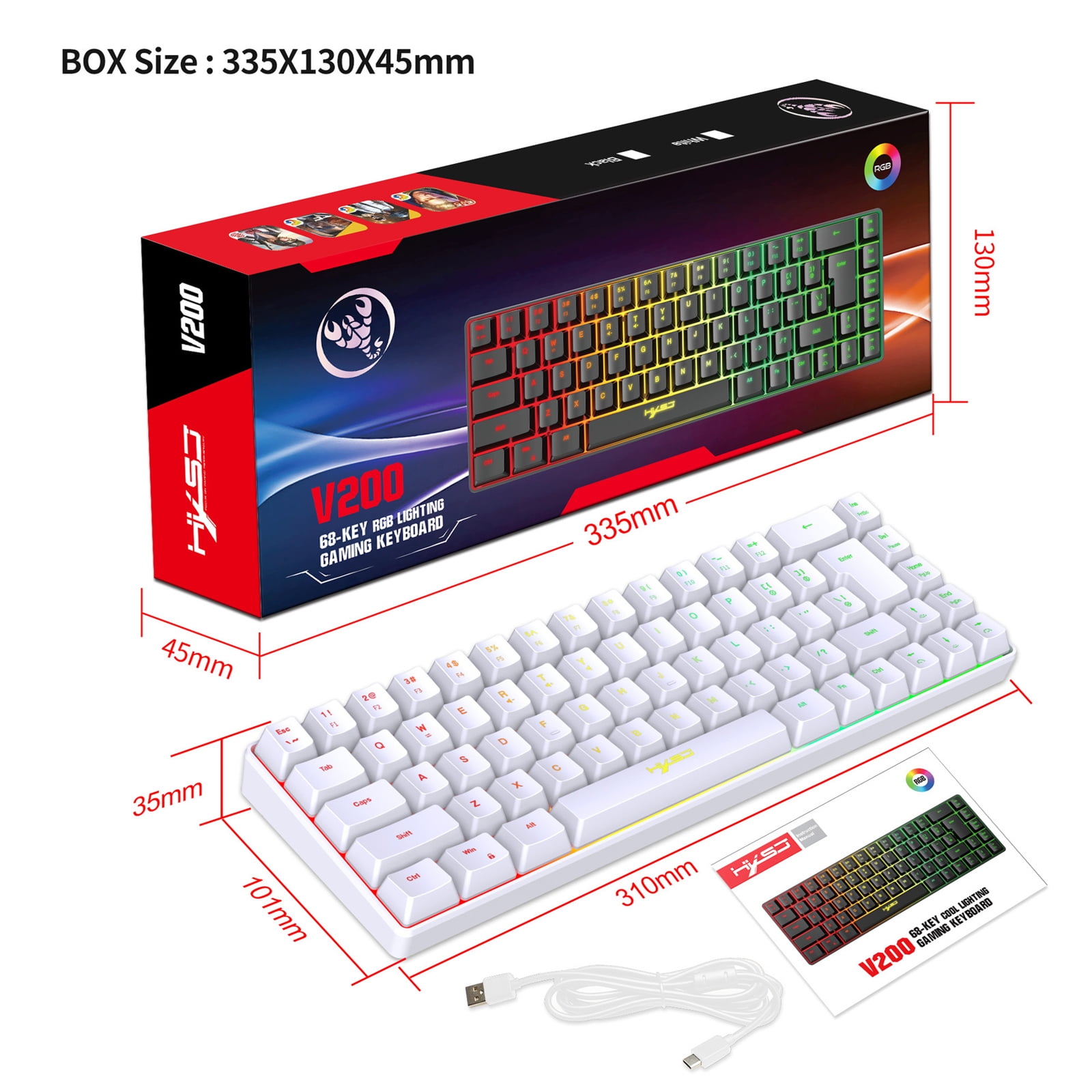 V200 Portable Gaming Keyboard RGB Colorful Backlit Keyboard 68 Keys ...
