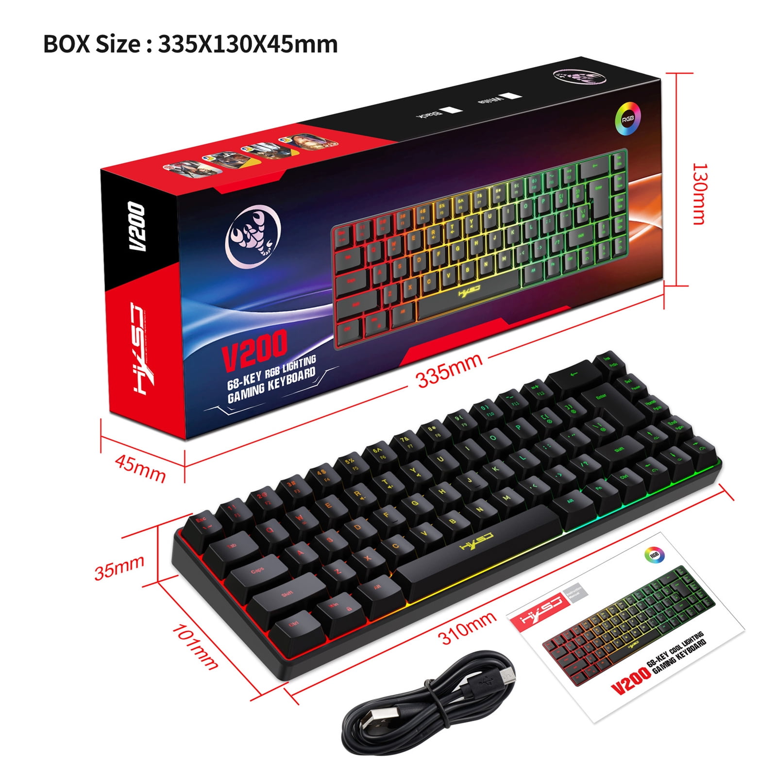 V200 Portable Gaming Keyboard RGB Colorful Backlit Keyboard 68 Keys ...