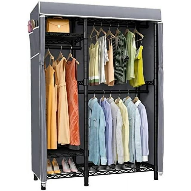 V2C Heavy Duty Covered with 3 Hanging Rods Black Metal Clothing Rack ...