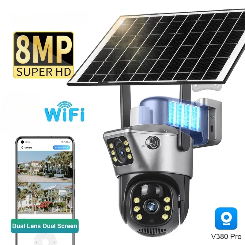 V380 4K 8MP Dual Screen Solar Surveillance Camera Outdoor Wireless WiFi PTZ Dual Lens Security ...