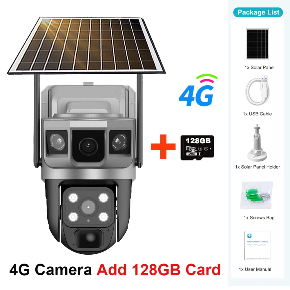 V380 Pro Solar Camera 4G Sim Outdoor Dual Lens Three Screens Webcam PIR Human Detect CCTV ...