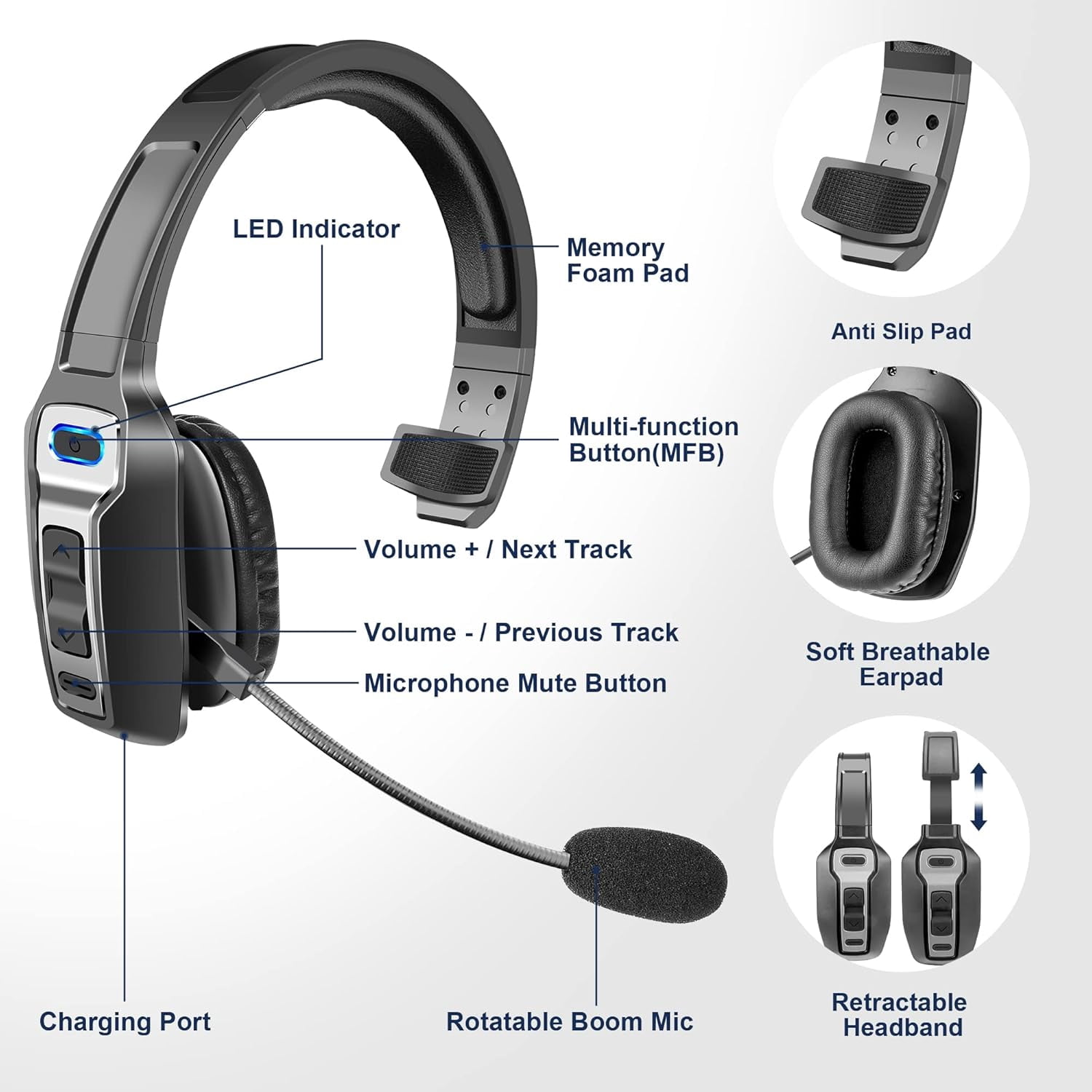 V5.2 Bluetooth Headset for Truck Drivers – AI Noise Cancellation, 30H ...
