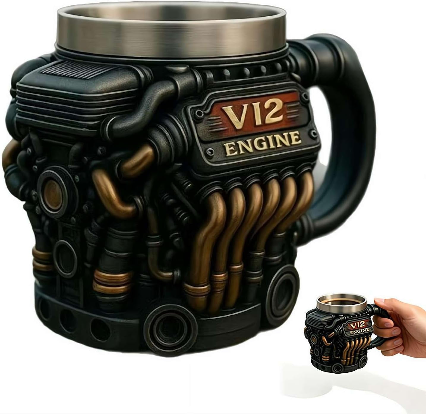 KWHOME V6/V8/V12 Engine Coffee Mug - 3D Resin Stainless Steel Double ...