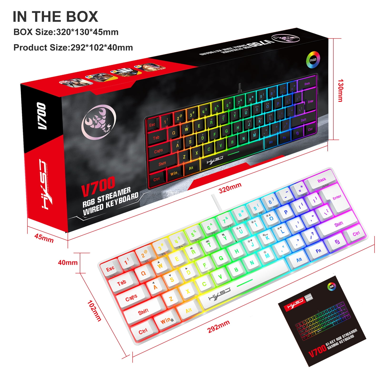 V700 Gaming Keyboard Colorful Backlight Mechanical 61 Keys Portable ...