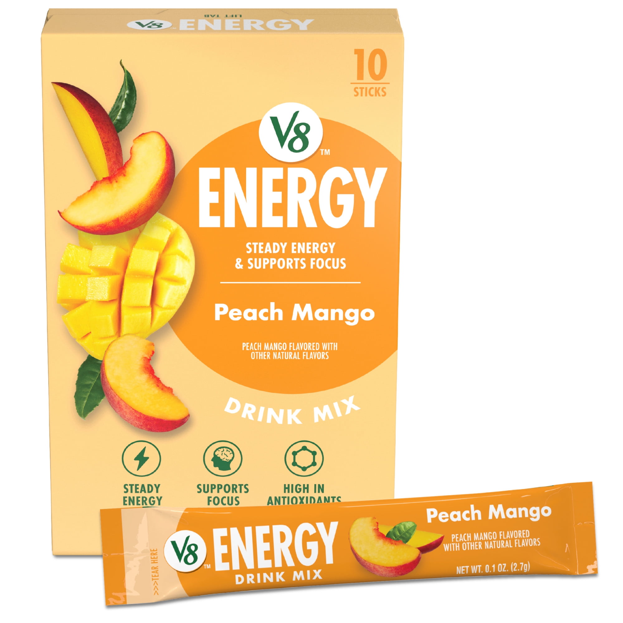 V8 Energy Peach Mango Energy Drink Powder, 10 Count, 80mg Caffeine ...