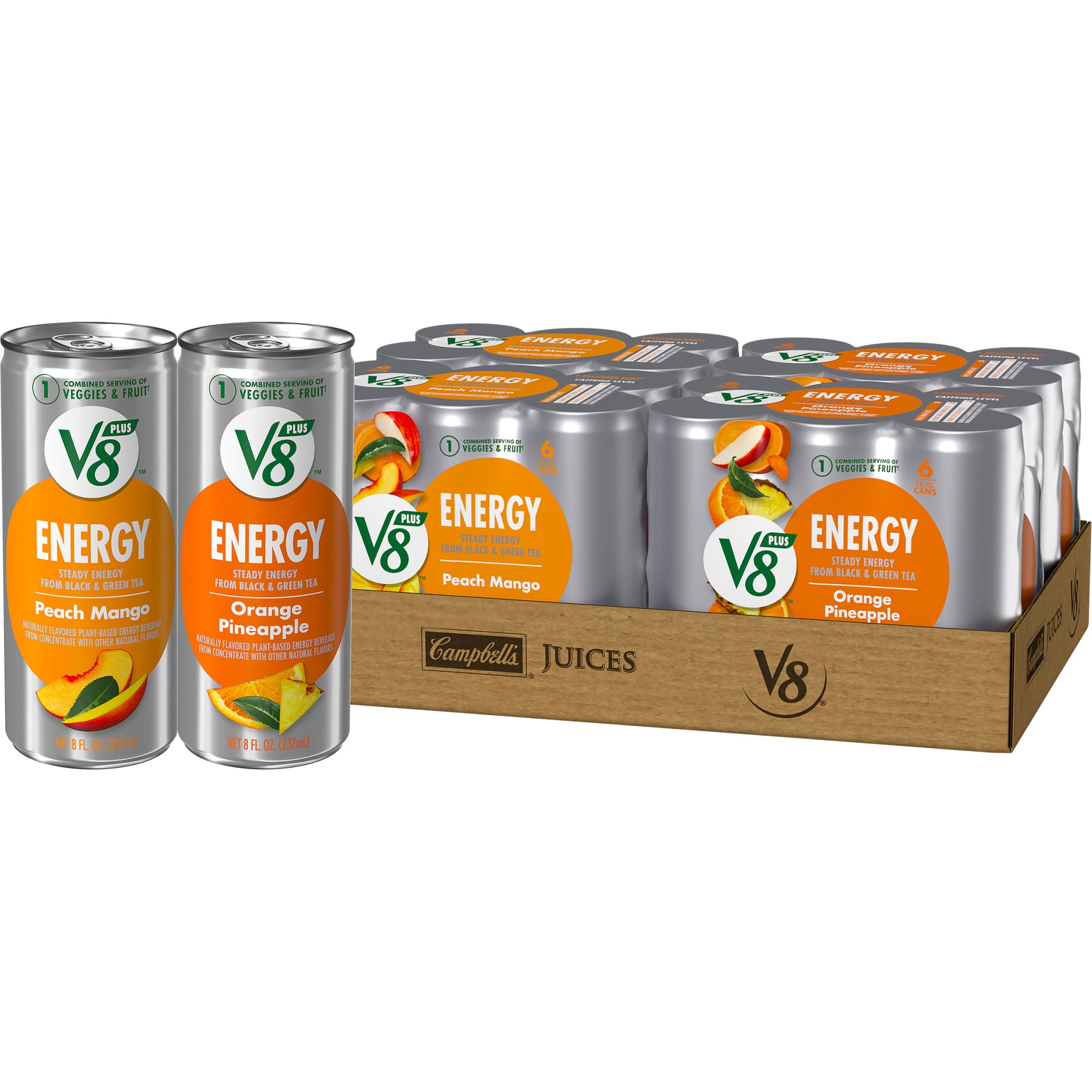 V8 +Energy Peach Mango and Orange Pineapple Juice Energy Drinks, 8 fl ...