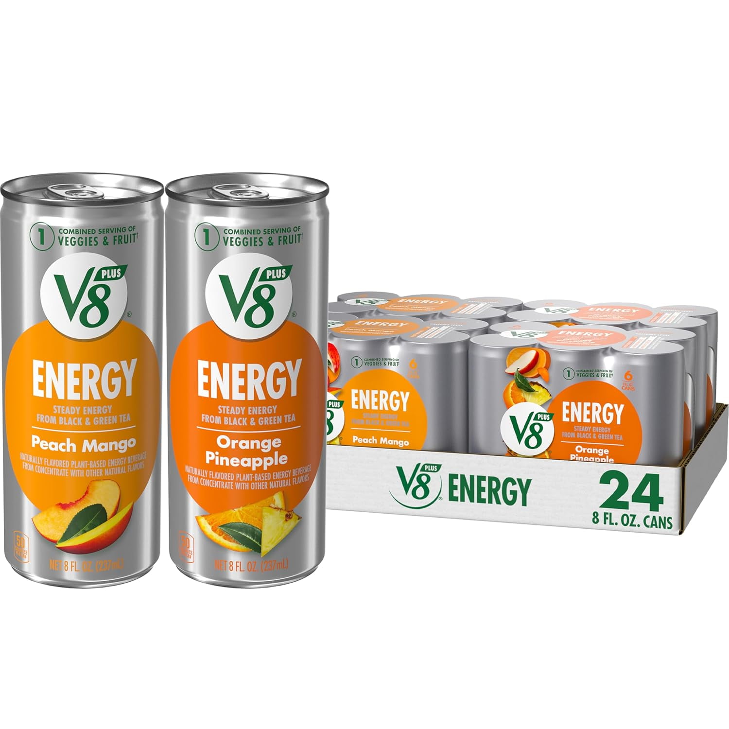 V8 +Energy Peach Mango and Orange Pineapple Juice Energy Drinks, 8 fl ...