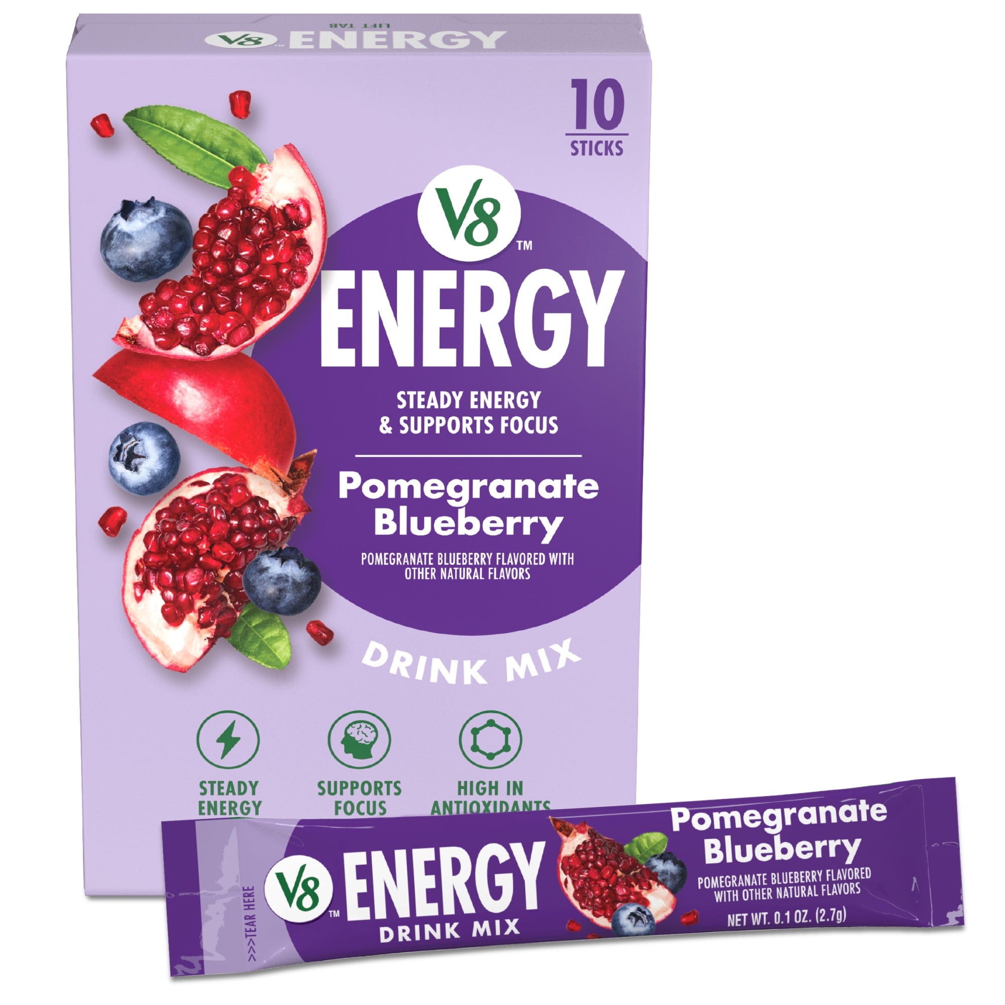 V8 Energy Pomegranate Blueberry Energy Drink Powder, 80mg Caffeine, 10 ...