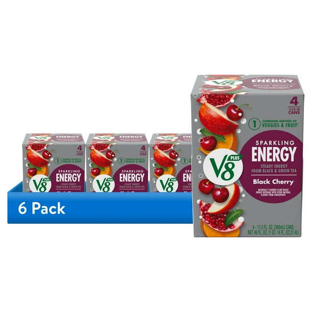 (6 pack) V8 +Energy Sparkling Black Cherry Juice Energy Drink, 11.5 fl ...