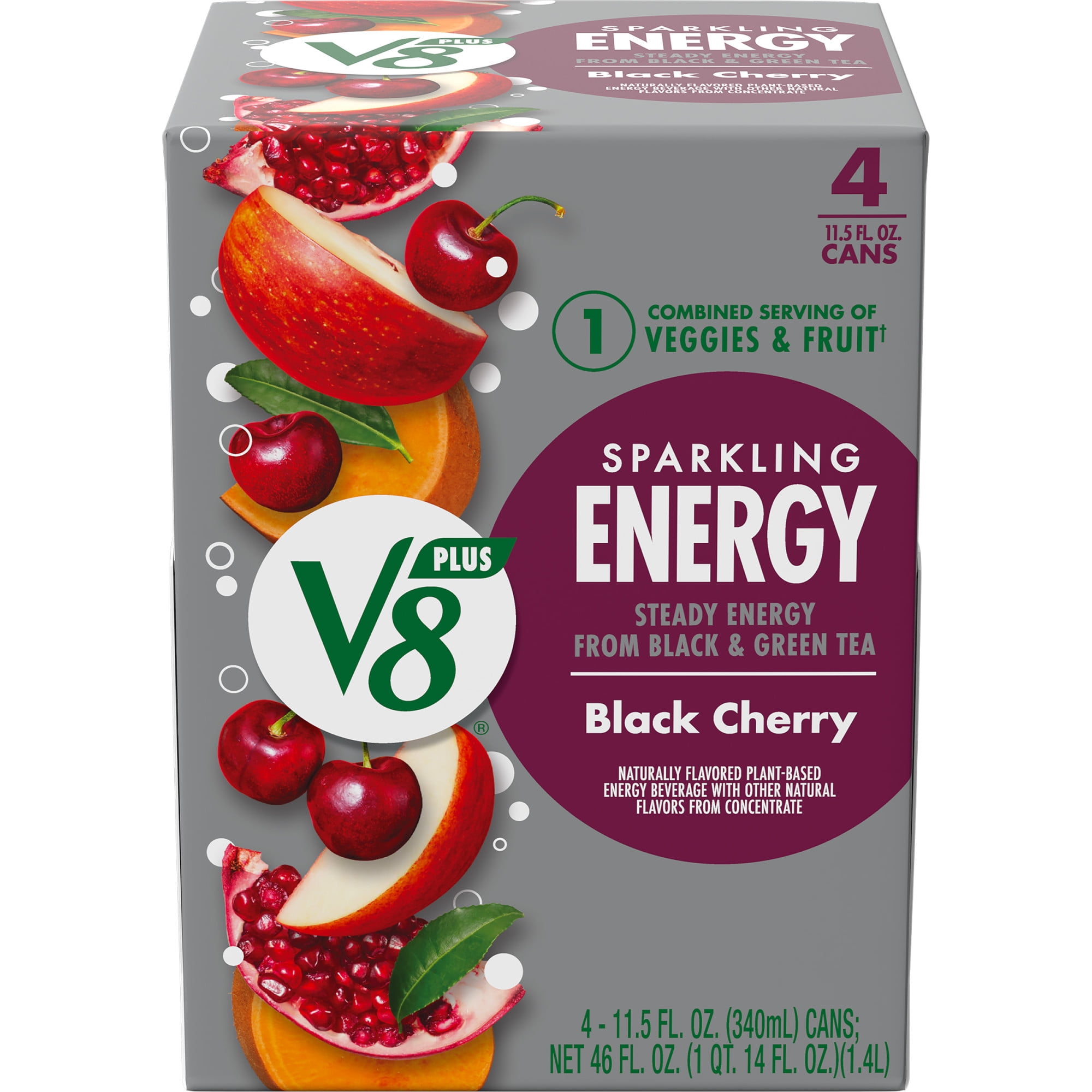 V8 +Energy Sparkling Black Cherry Juice Energy Drink, 11.5 fl oz Can, 4 ...
