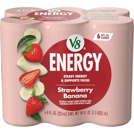 V8 +Energy Strawberry Banana Juice Energy Drink, 6 Count, 8 fl oz Can ...