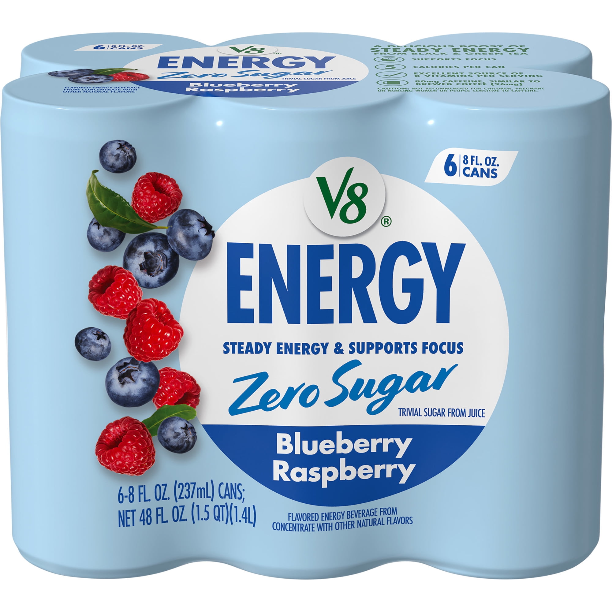 V8 Energy Zero Sugar Blueberry Raspberry Energy Drink, 8 fl. oz. Can (6 ...