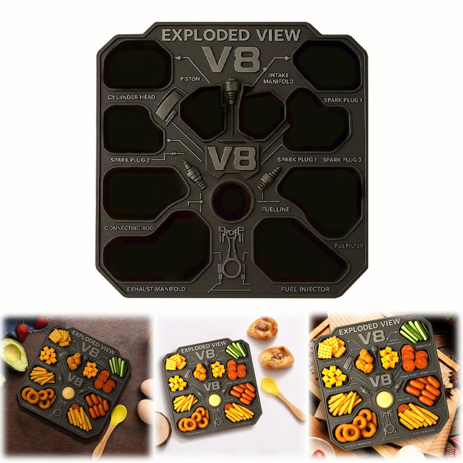 V8 Engine Food Platter, Reusable Plastic Lunch Trays with 6 Compartments, Cool V8 Engine ...