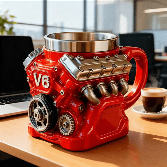 V8 Engine Mug with Resin Exterior, Large Red Mechanical Coffee Cup with ...