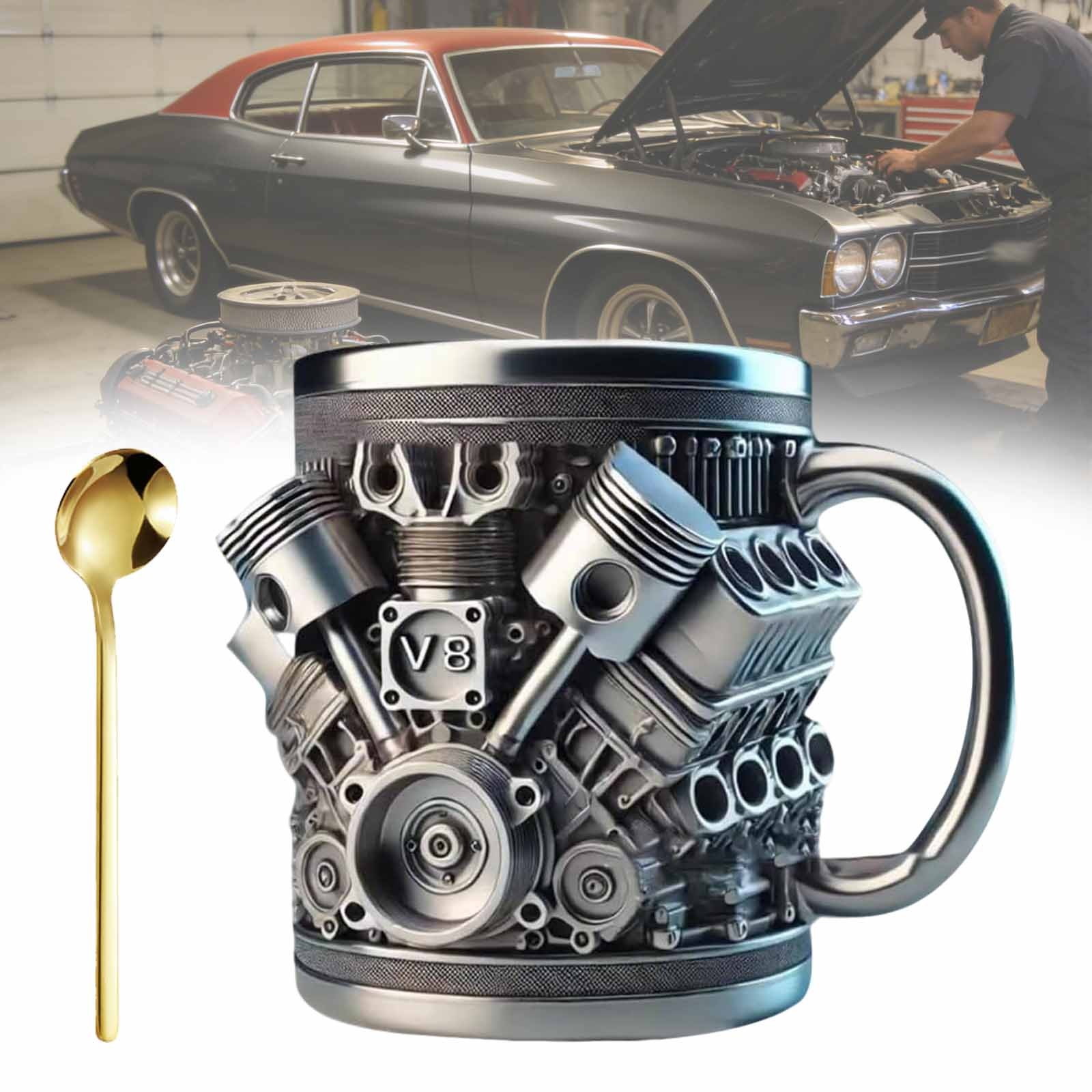 V8 Engine Themed Coffee Mug, Horsepower-Inspired 3D Stainless Steel Mug ...