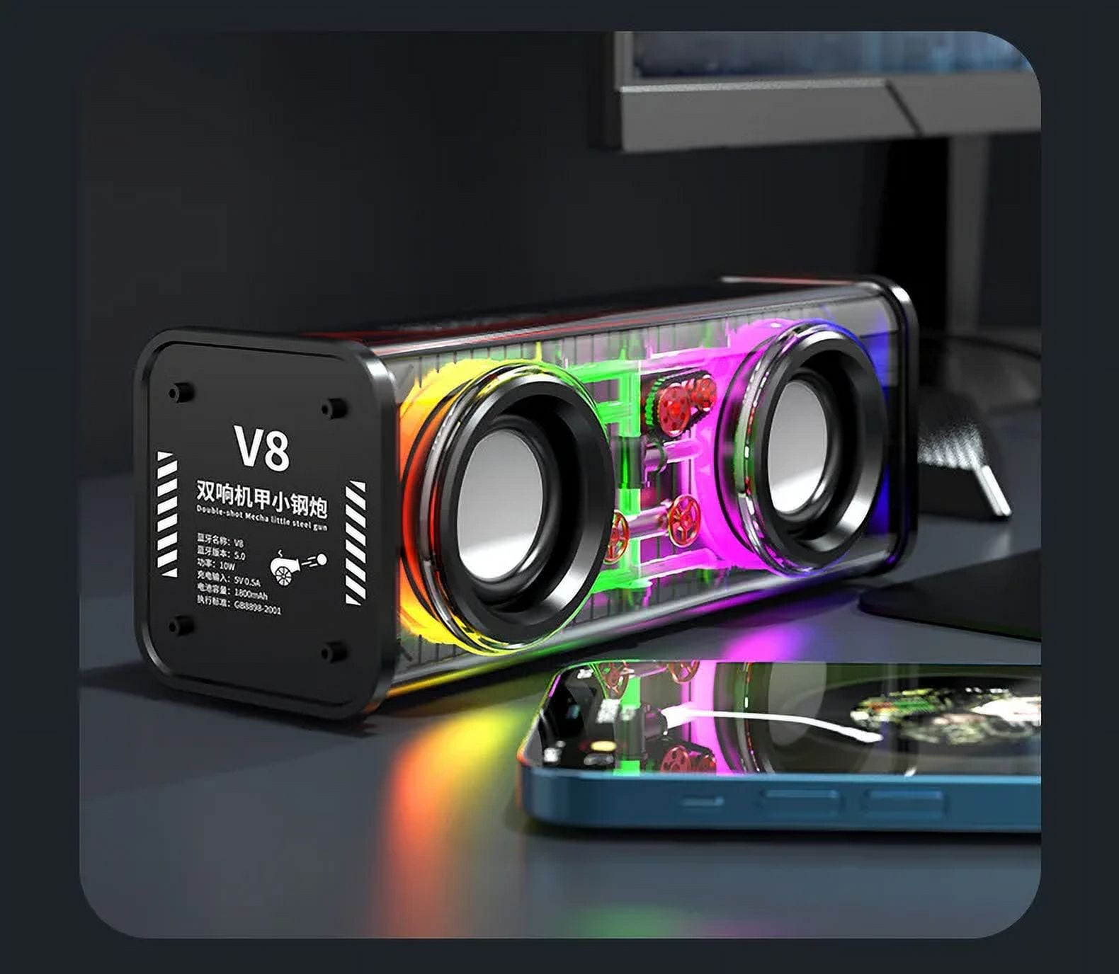V8 Transparent Mecha Speakers Bluetooth 5.0 Wireless Double Bass ...