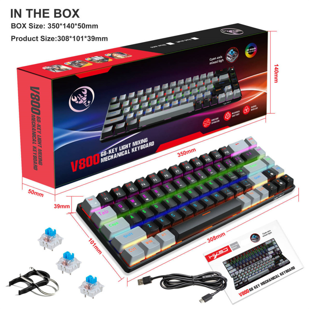 V800 Mechanical Gaming Keyboard LED Backlit Compact 68 Keys Mini Wired ...