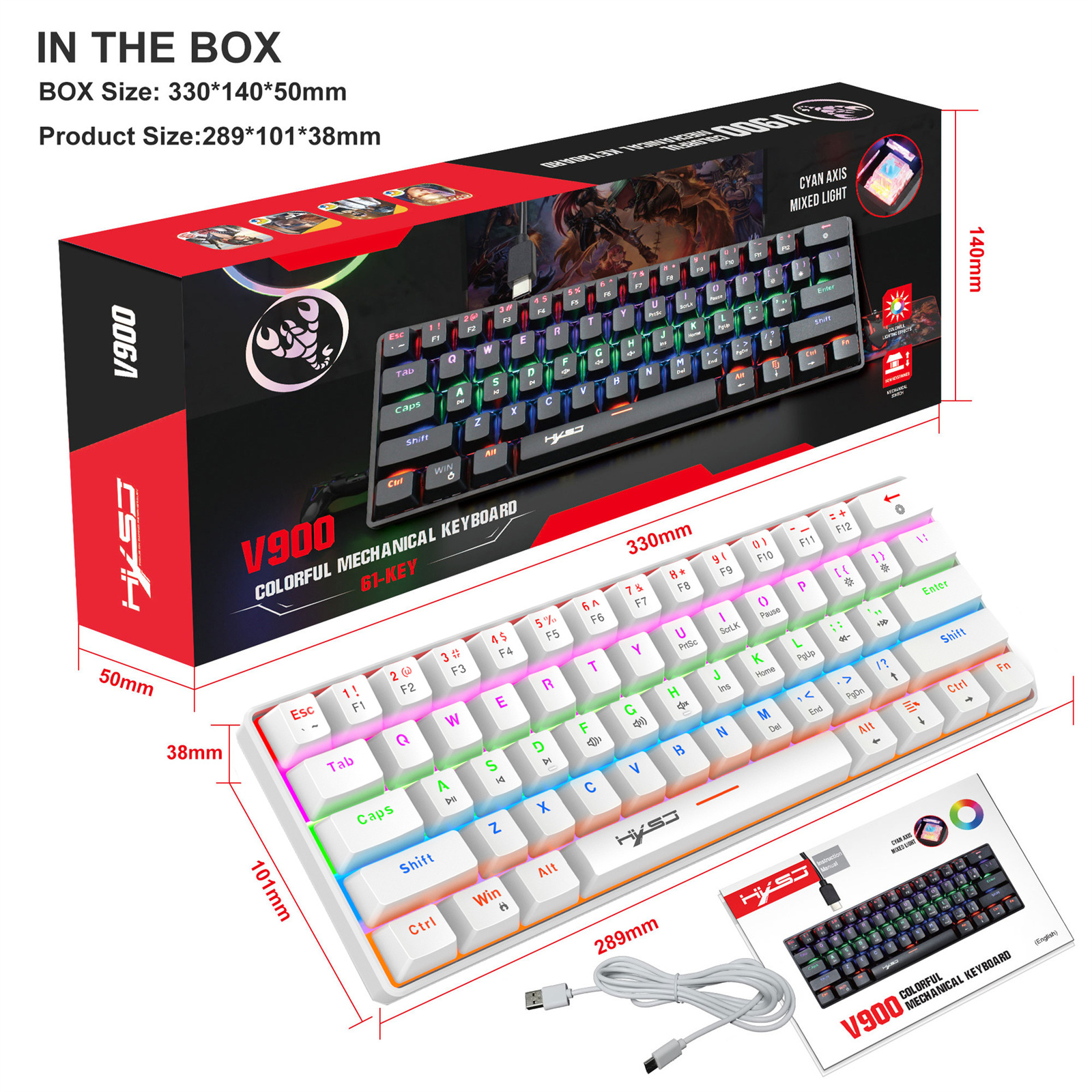 V900B Wired Gaming Keyboard, 61-Key RGB Lighting Gaming Keyboard, RGB ...