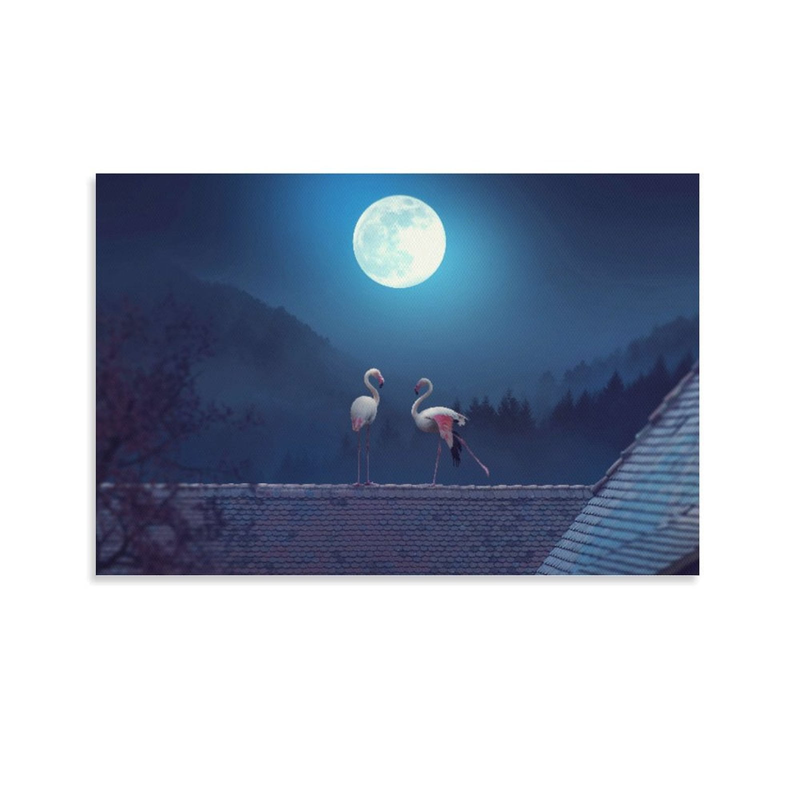 VA Serene Scene Of Pink Flamingos On A Rooftop Under A Bright Full Moon ...