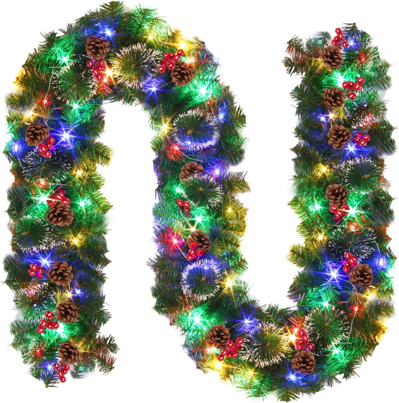 VACUSHOP 9ft Christmas Garland with LED Lights, Pine Cones, Red Berries ...