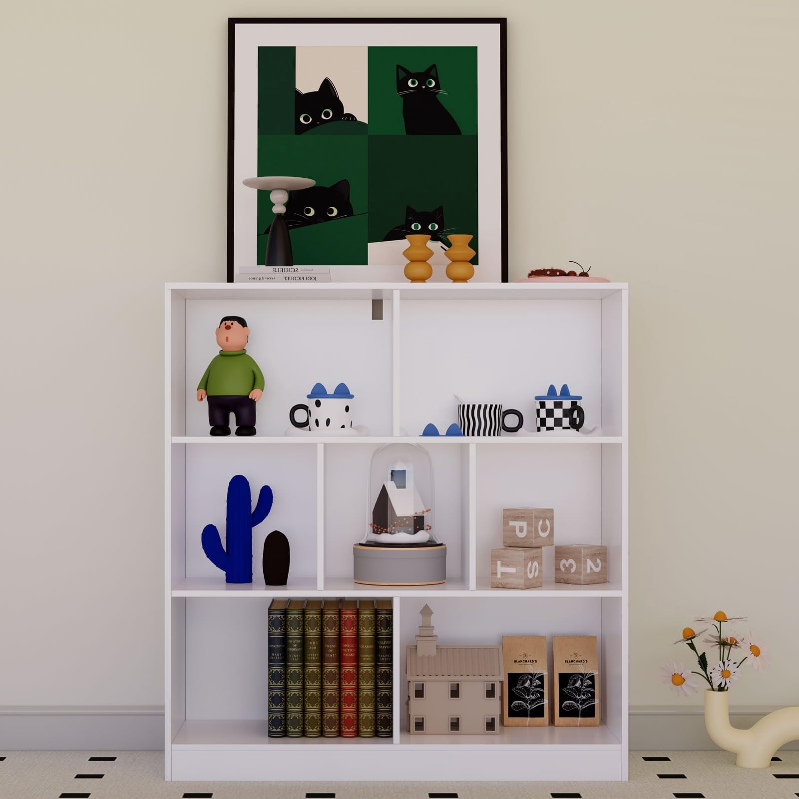 VAFHYLLIS 7-Cube Wooden Bookshelf with Base,3-Tier Freestanding Open ...