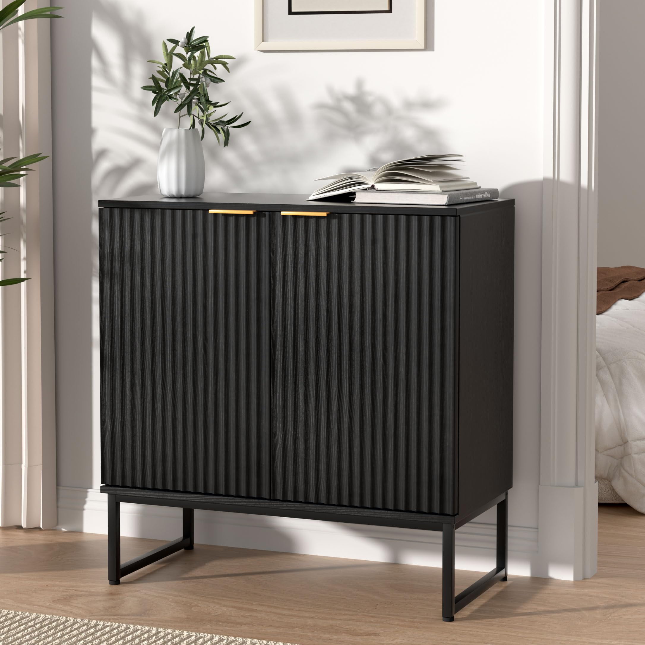 VAFHYLLIS Fluted Storage Cabinet, 31.5“ Wooden Sideboards Buffet Boho ...