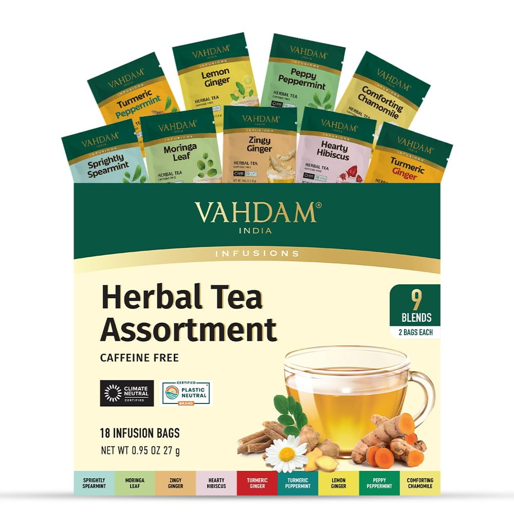 VAHDAM, Assorted Herbal Tea BDF32 Sampler (18 Tea Bags, 9 Flavors ...