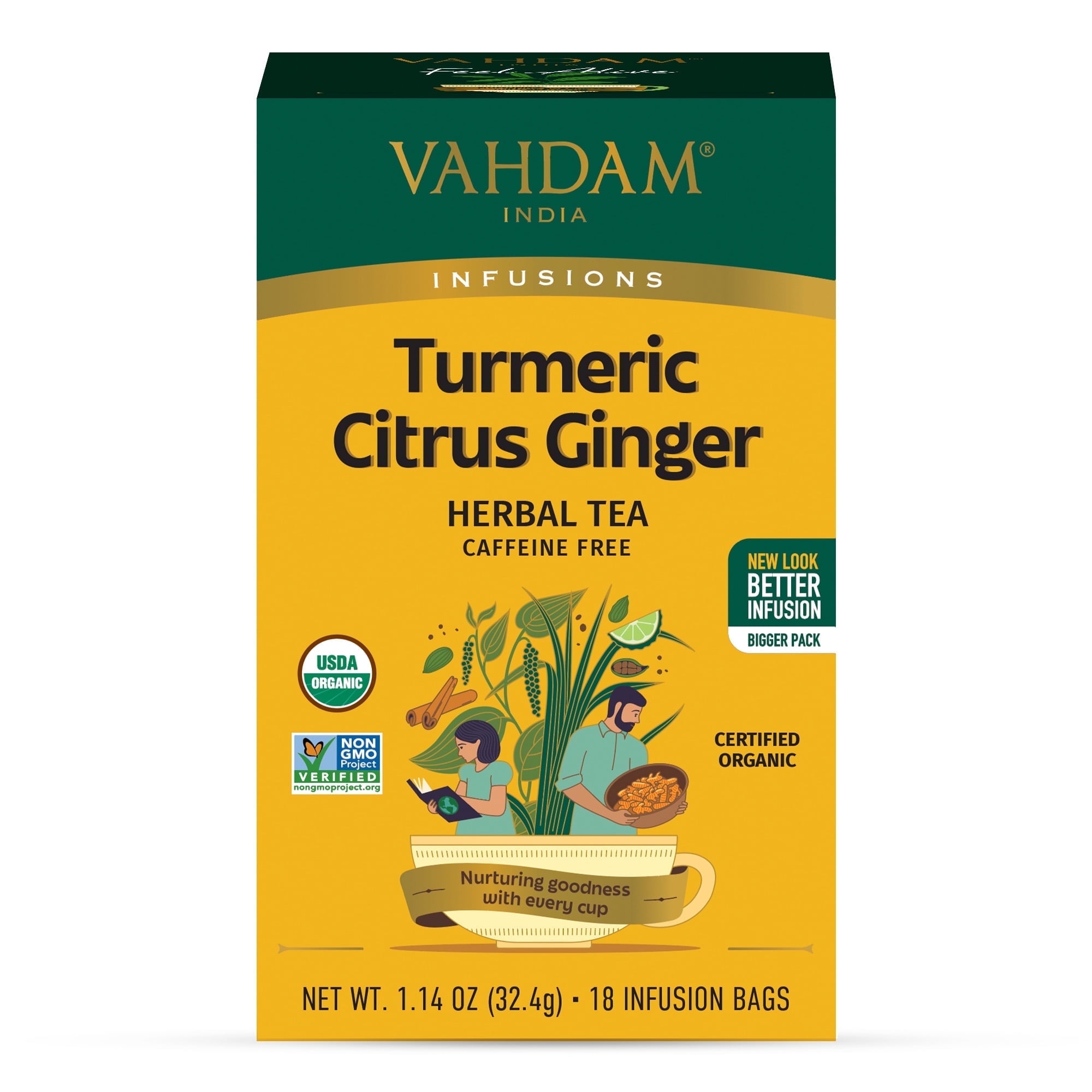 VAHDAM, Organic Turmeric Citrus Ginger Herbal Tea Bags (18 Count) Eco ...