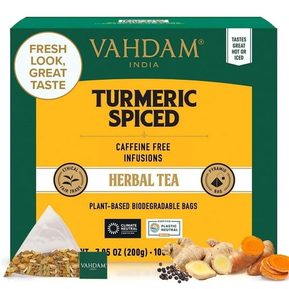 VAHDAM Turmeric Spiced Herbal Tea, Ginger, Cinnamon, Cardamom, 100 Tea Bags - Walmart.com