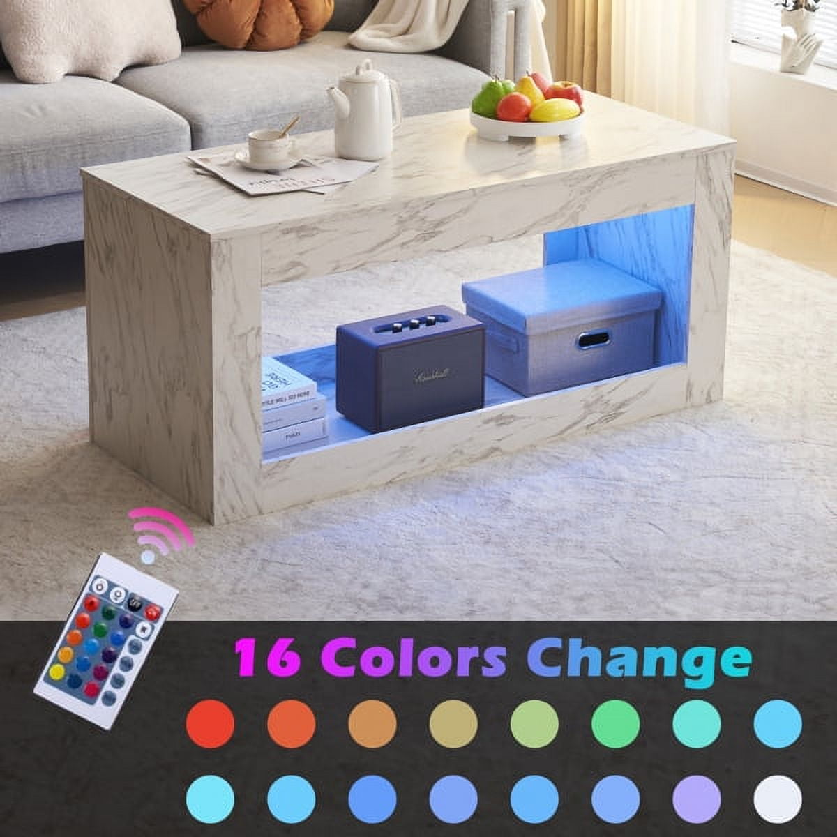 VAIKAXY Coffee Table with LED Light Moder Faux Marble Coffee Tables ...