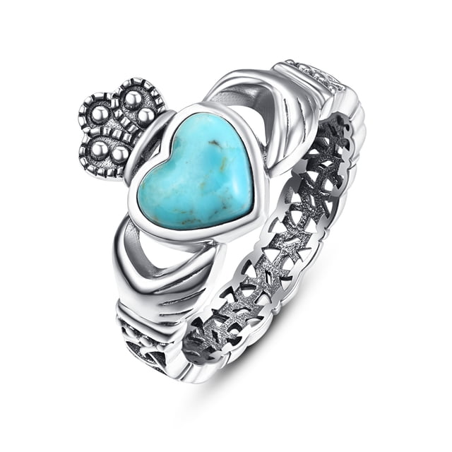 VAKKI Heart Shape Turquoise Claddagh Rings 925 Sterling Silver Celtic ...