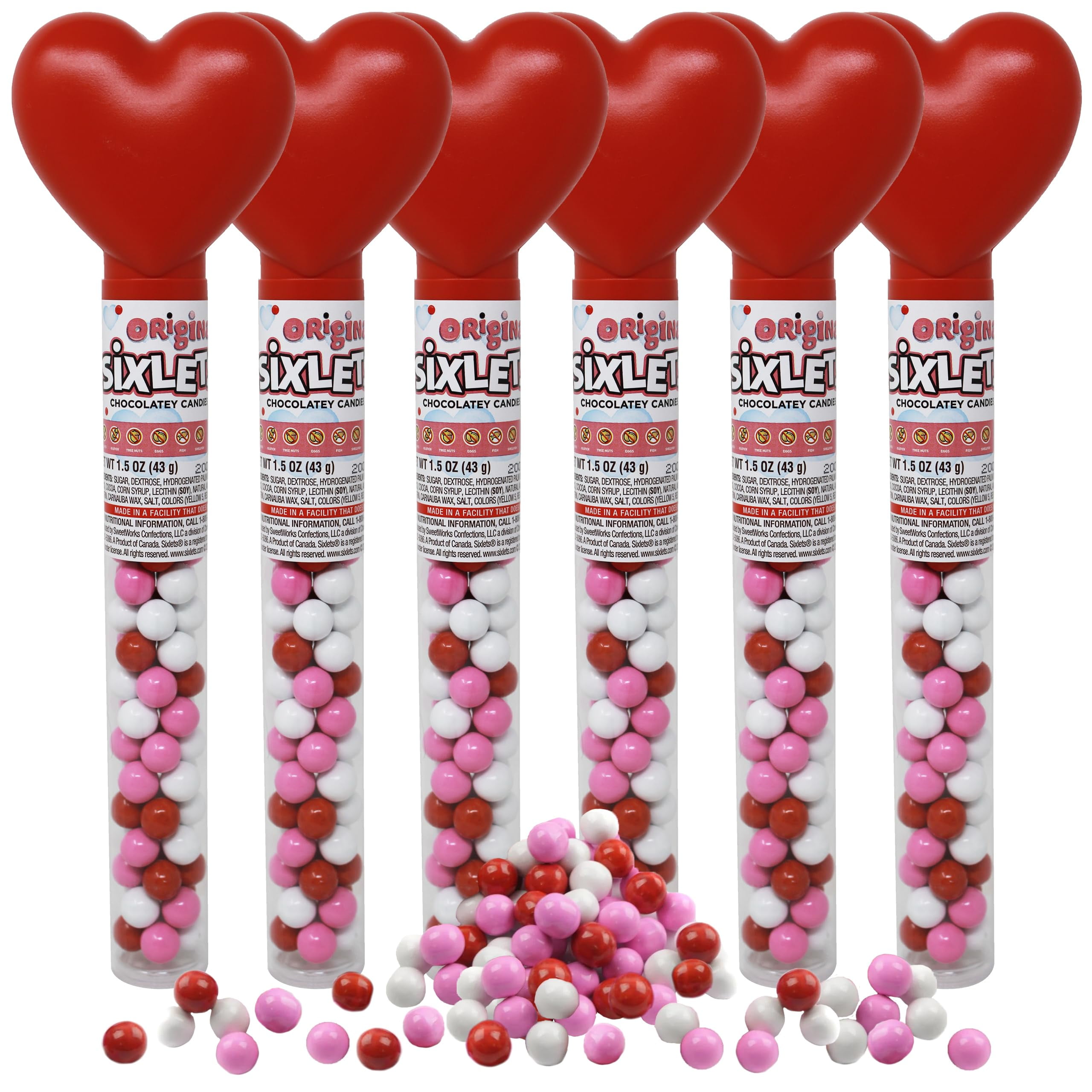 VALENTINE'S DAY Sixlets Candy, 6 Count Candy Filled Heart Topped Tubes ...