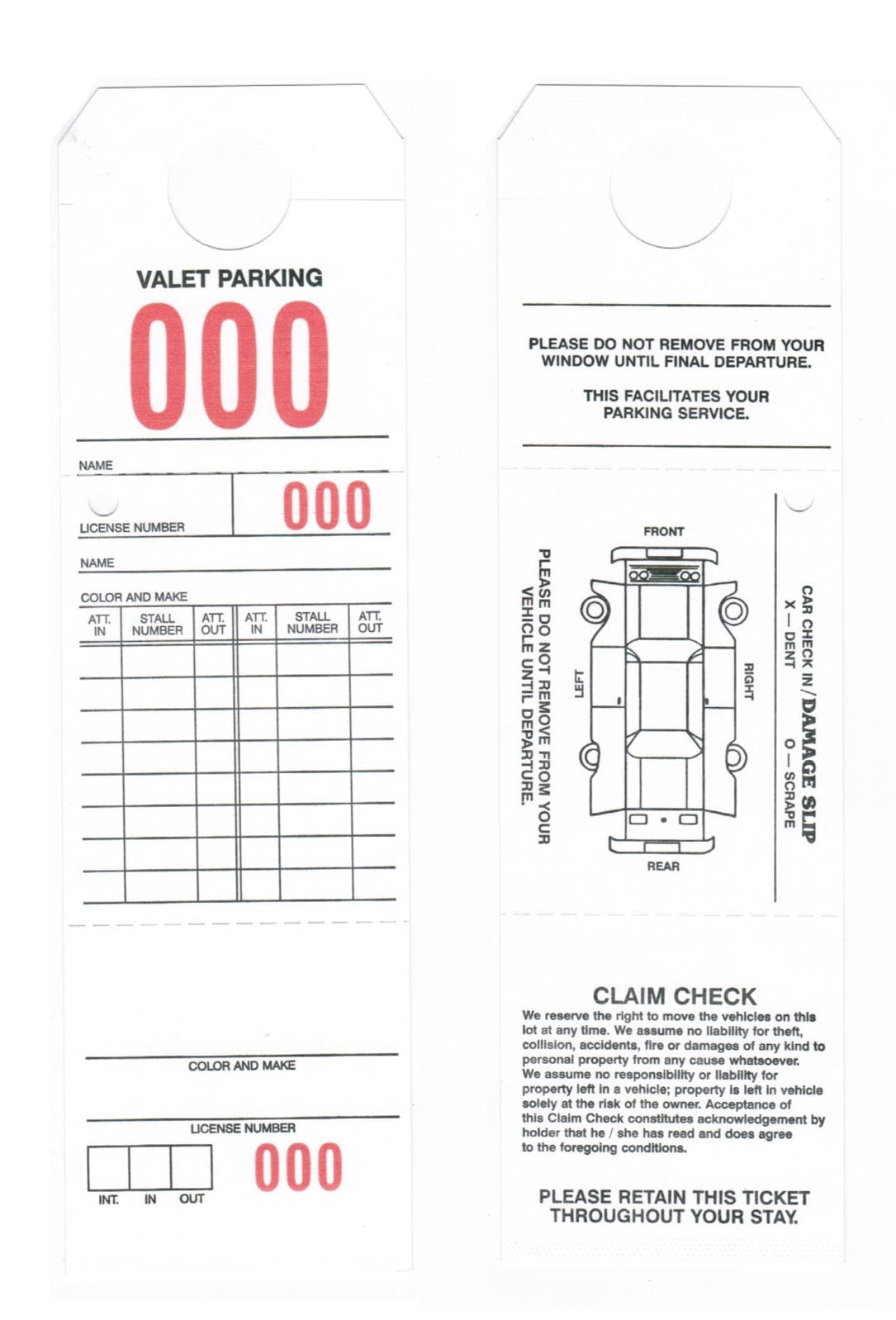VALET PARKING CLAIM CHECK Hang Tag, White Stock Printed in Black (2 ...