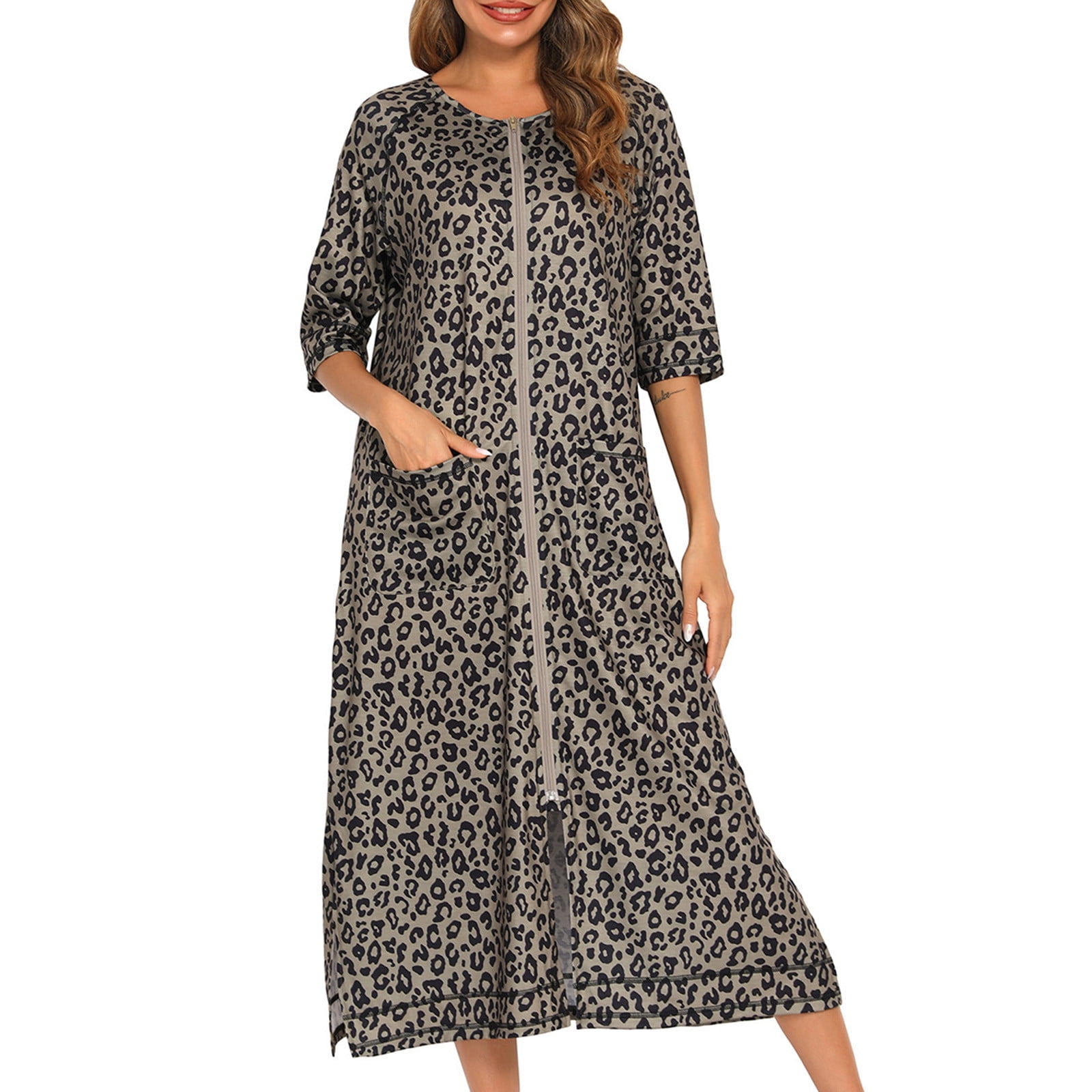 VALMASS Cotton Long Robes for Women with Zipper Lightweight Round Neck ...