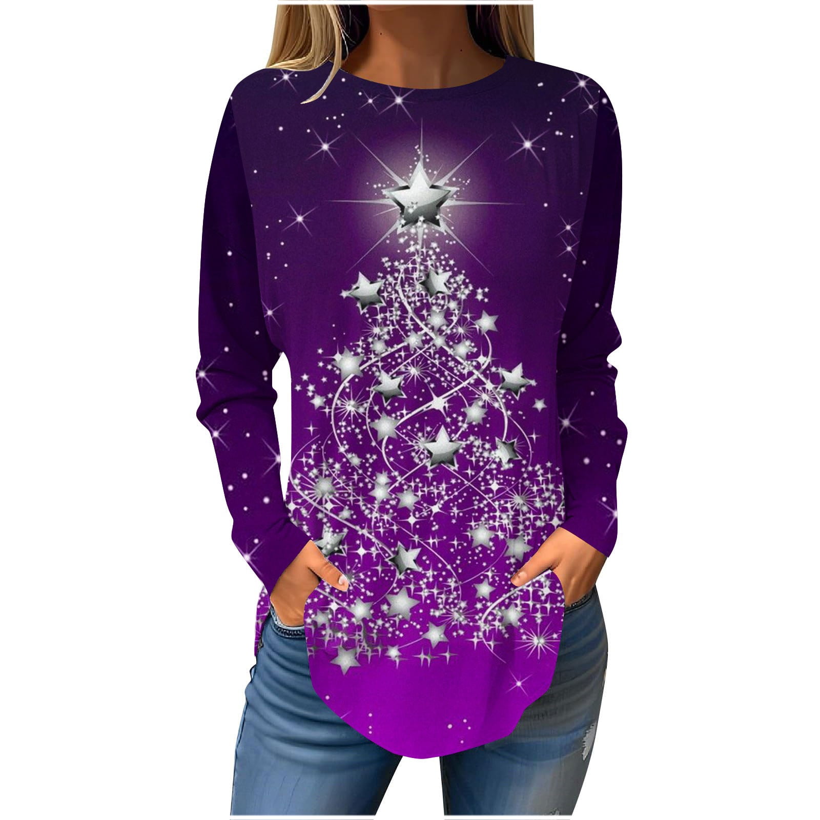 VALMASS Long Sleeve T Shirt Women Christmas Tree Printed Round Neck ...