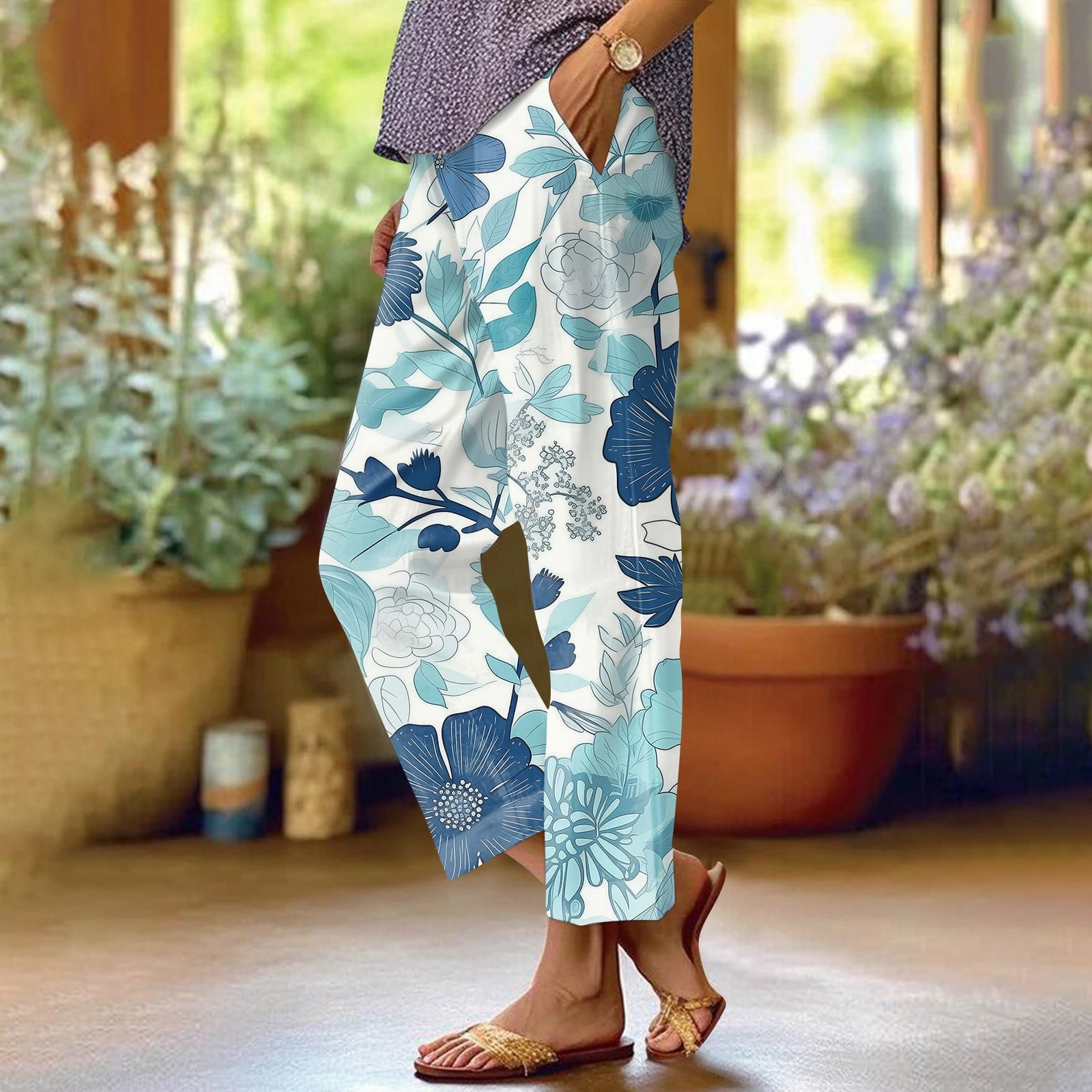 Vamuko Cotton Linen Pants Women Summer Elastic Waist Crop Pants Plus