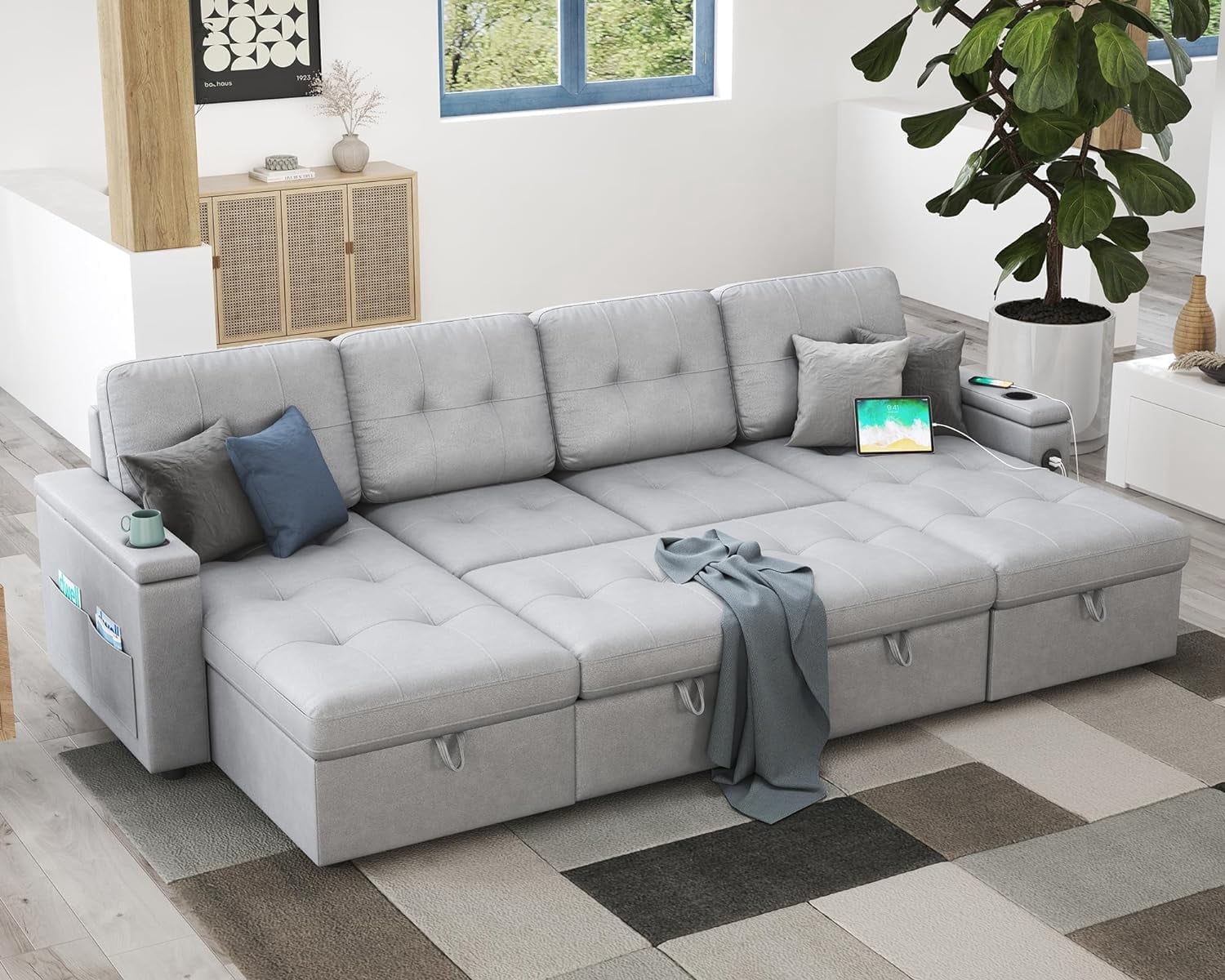 VanAcc 109" Sleeper Sofa with 2 USB & Cup Holders, U Shape Sofa Bed ...