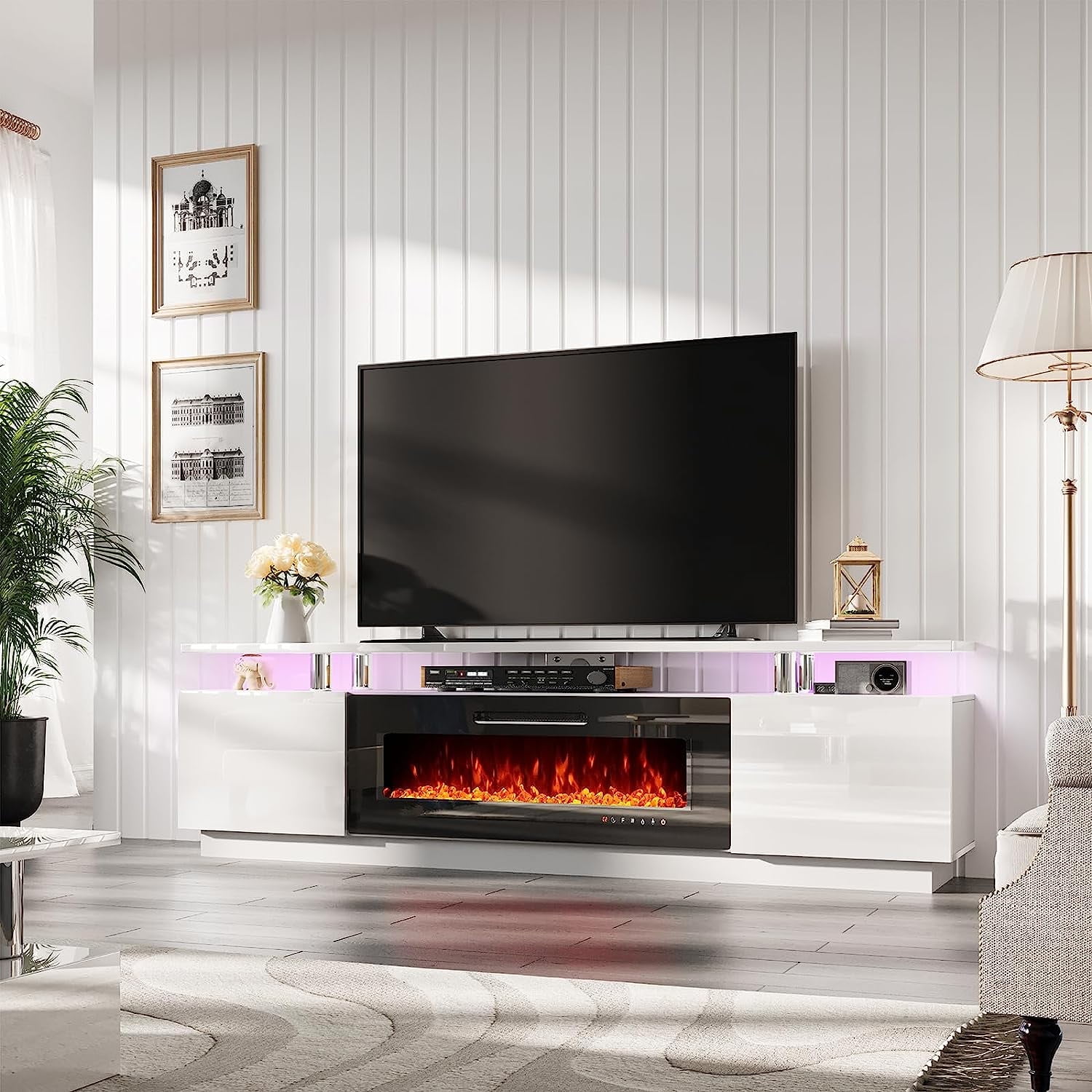 "AMERLIFE Modern High-Gloss 2-Tier 90"" TV Stand with 40"" Upgraded ...