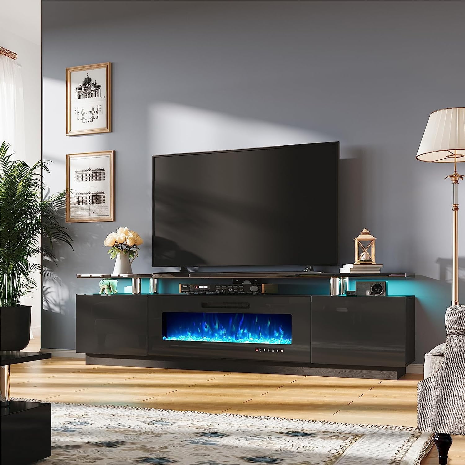"AMERLIFE Modern High Gloss LED Fireplace TV Stand, 2 Tiers ...