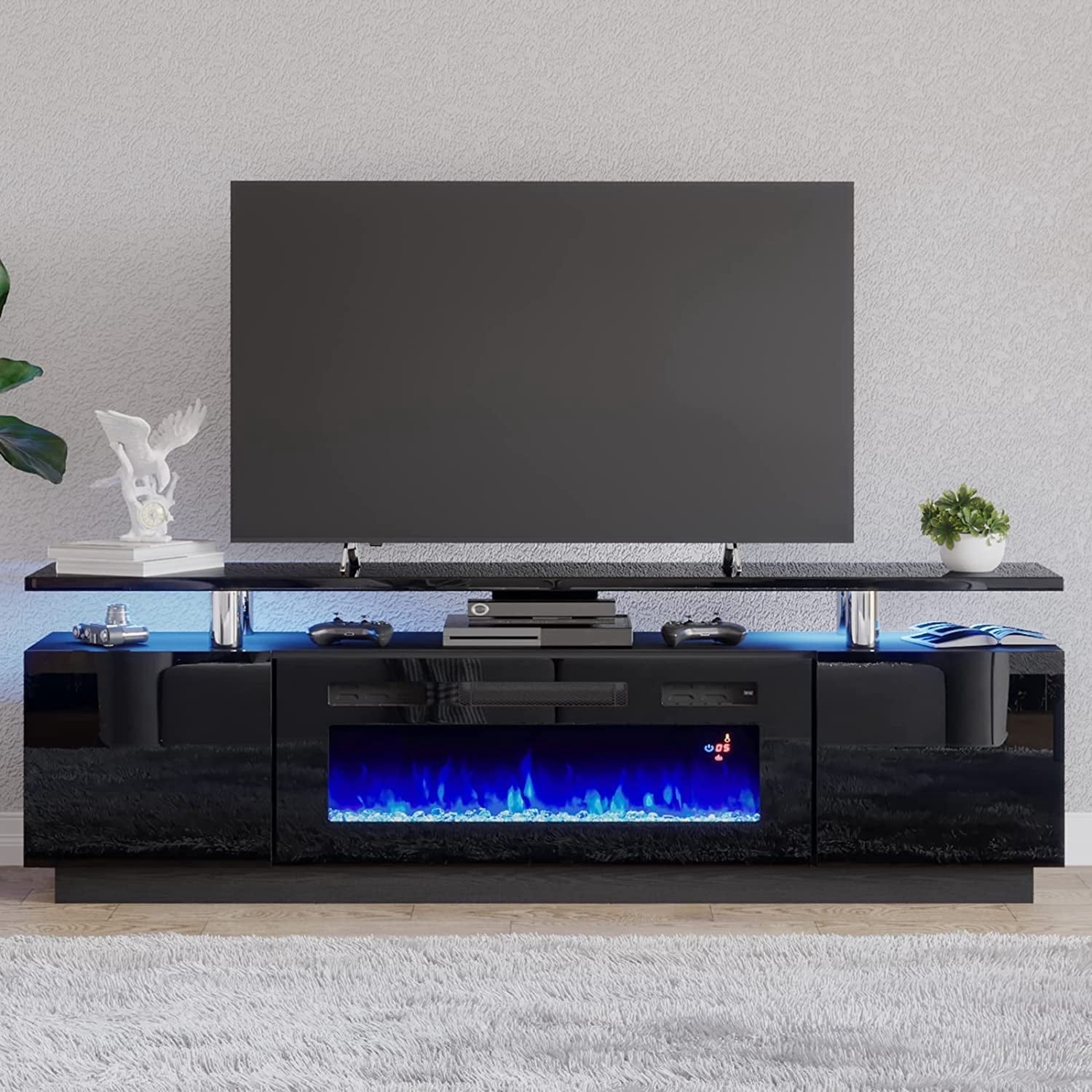 Amerlife High-Gloss 70in 2-Tier Fireplace TV Stand with Mueble con ...