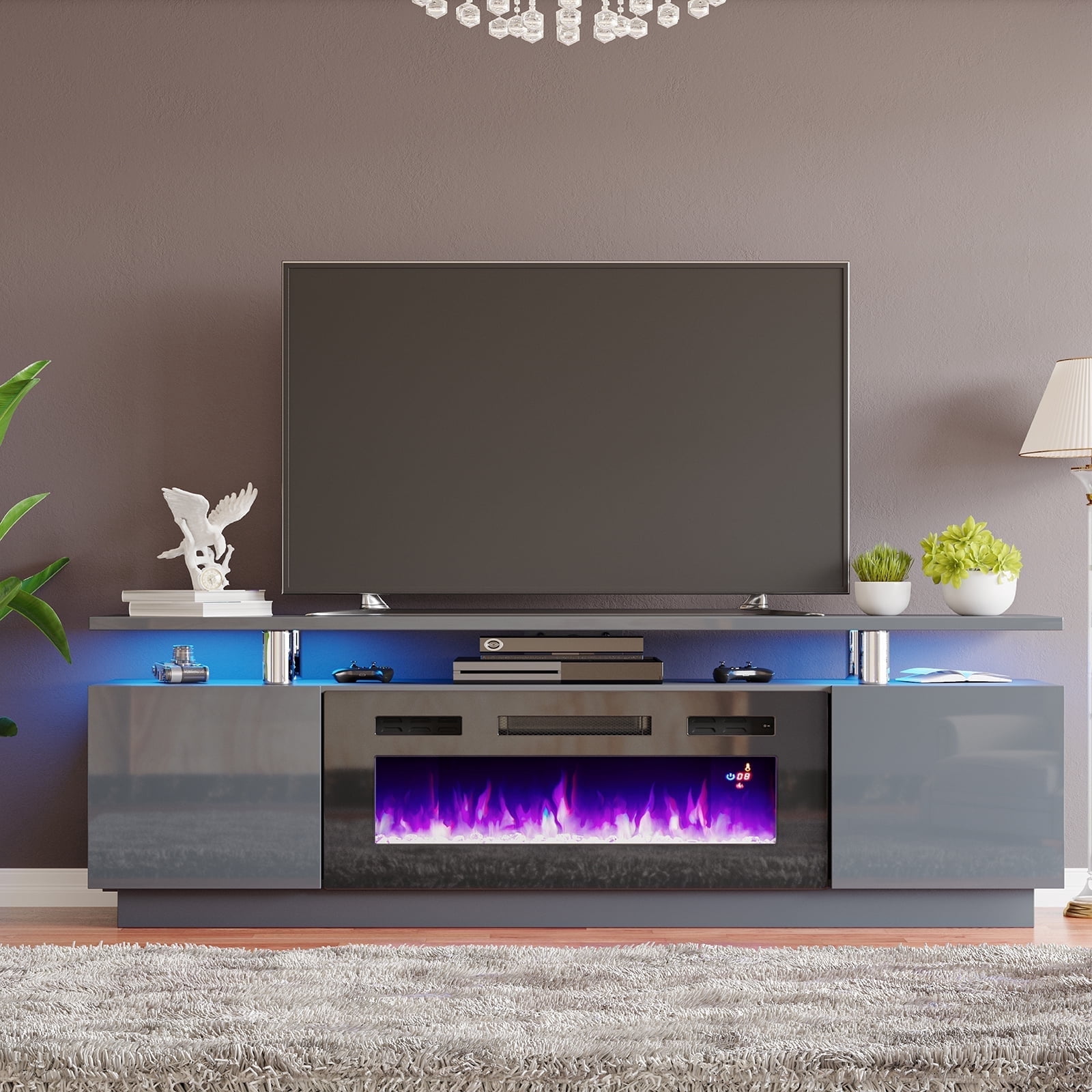 VANACC 2-tier Fireplace TV Stand, 70in High Gloss Entertainment Center ...