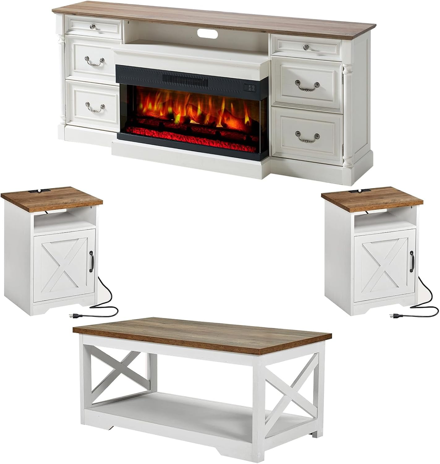 VANACC 5-Piece Farmhouse Table Set with Fireplace TV Stand & Charging ...