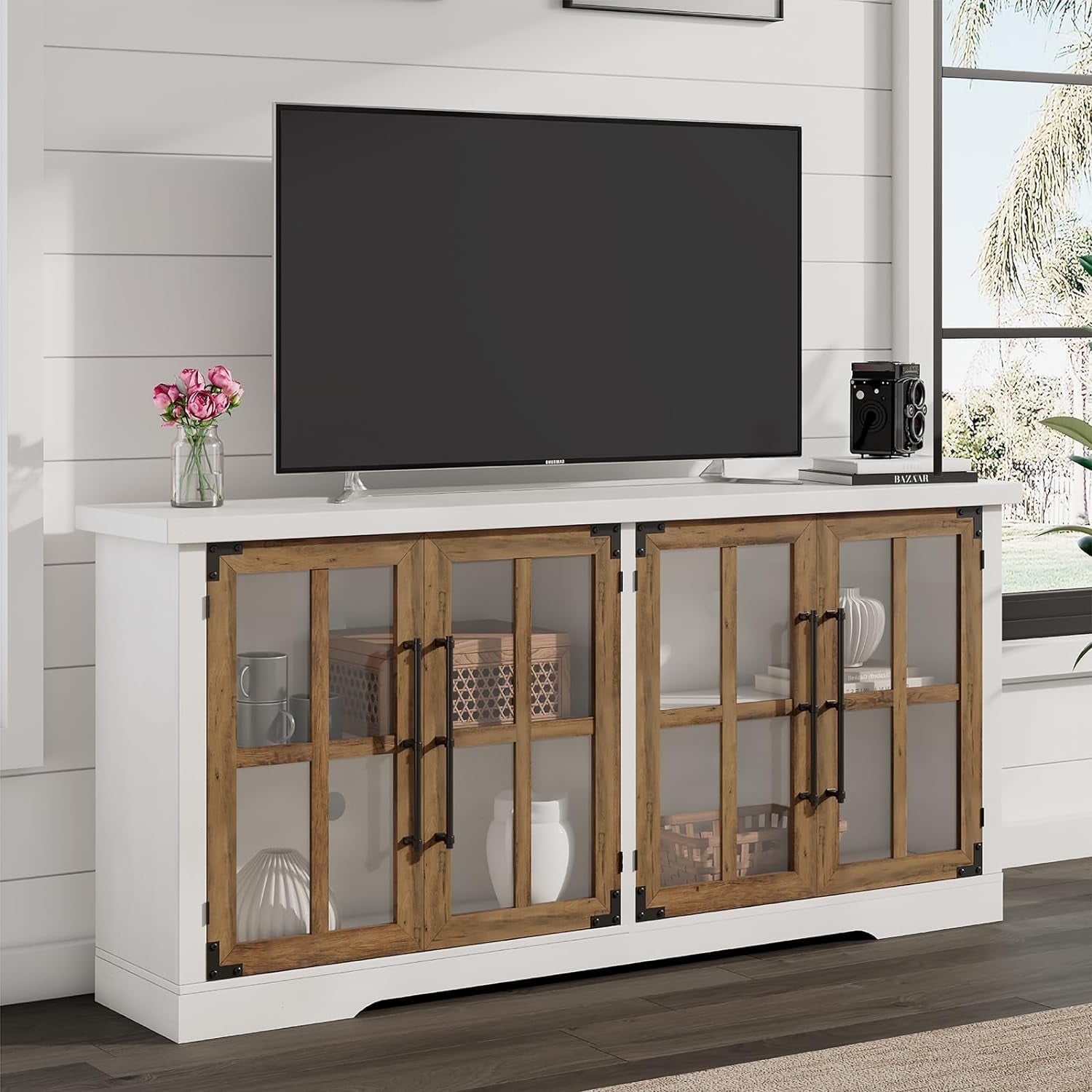 "LUXOAK 63"" Farmhouse TV Stand, Modern Buffet Sideboard Cabinet ...