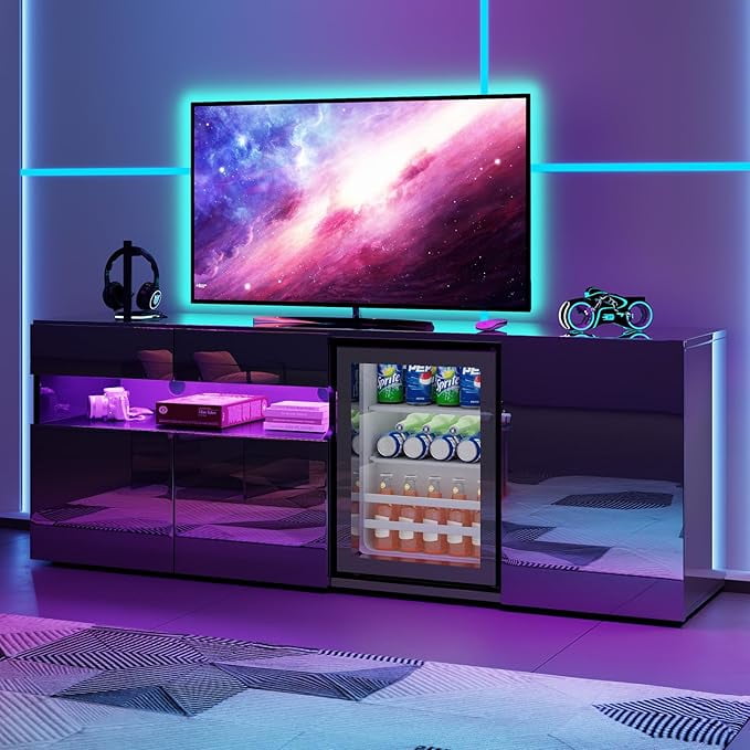 VANACC 63" TV Stand with Mini Refrigerator and LED Lights, Modern High ...