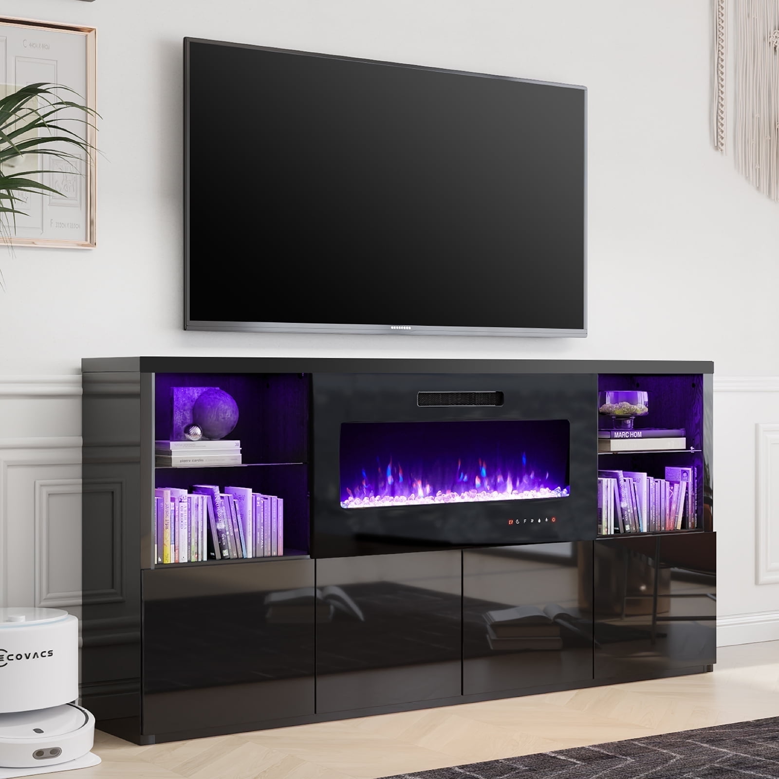 "LUXOAK High Gloss Electric Fireplace TV Stand for 75"" TVs, 40 ...