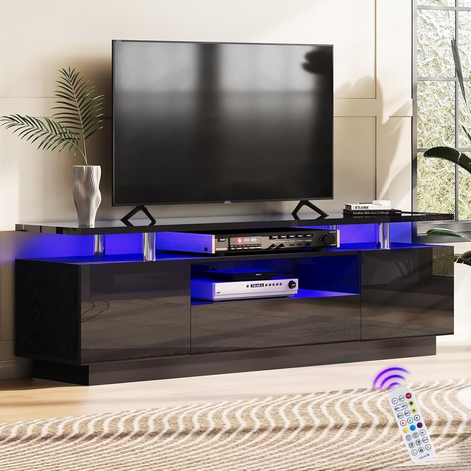 VANACC 70" High Gloss TV Stand with LED lights, 2 Tier TV Stand for TVs ...